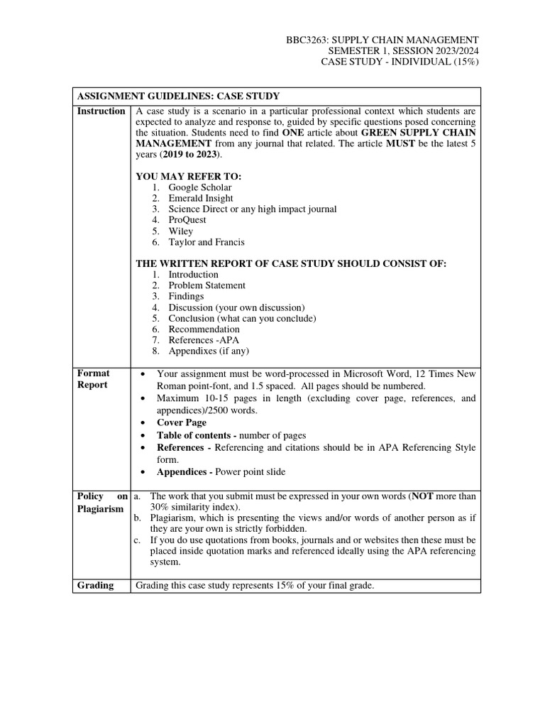 (BBC3262-Supply Chain Management) - Case Study - Individual - SEM 1 23 ...