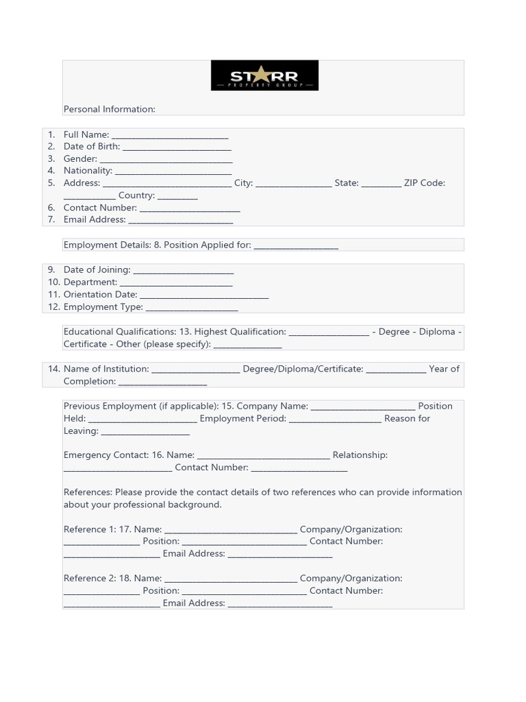 Starr Property Group Employee Joining Form | PDF