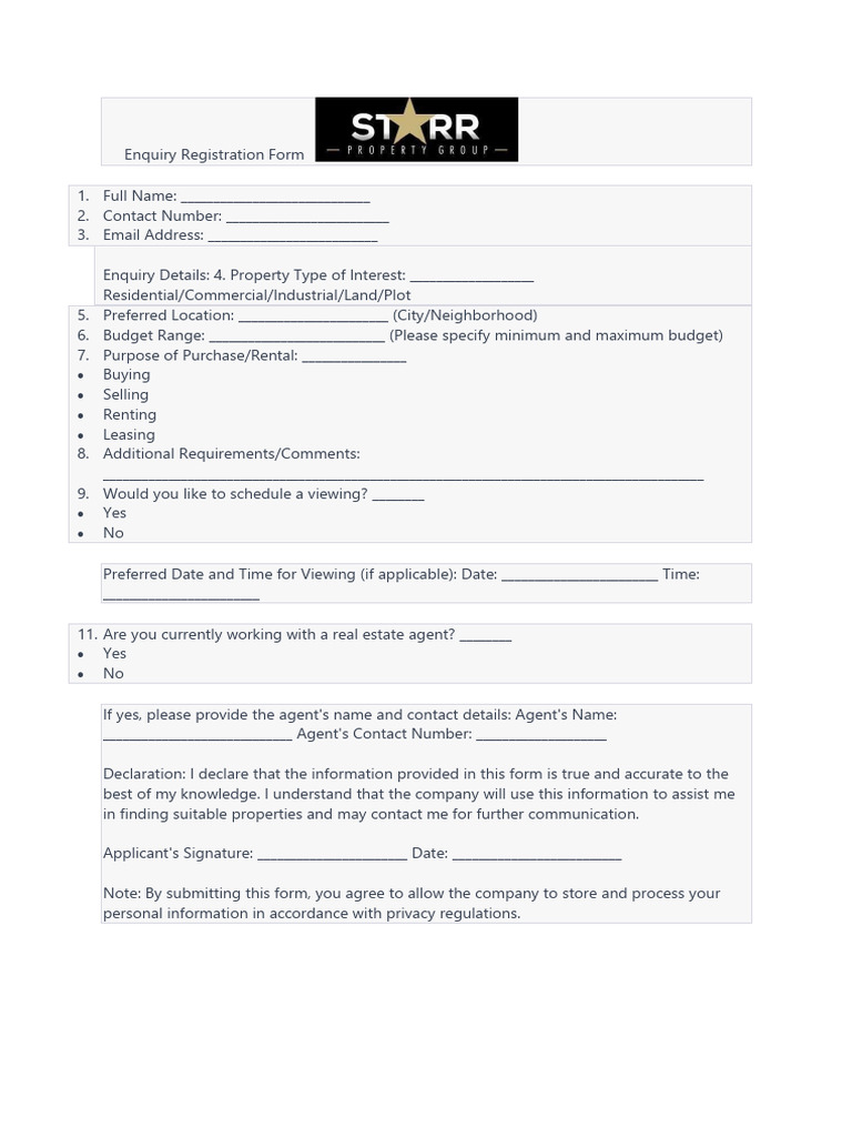 Starr Property Group Enquiry Registration Form | PDF | Finance & Money ...