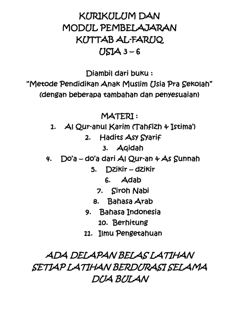 Kurikulum Kuttab Al-Faruq Usia 3-6 | PDF