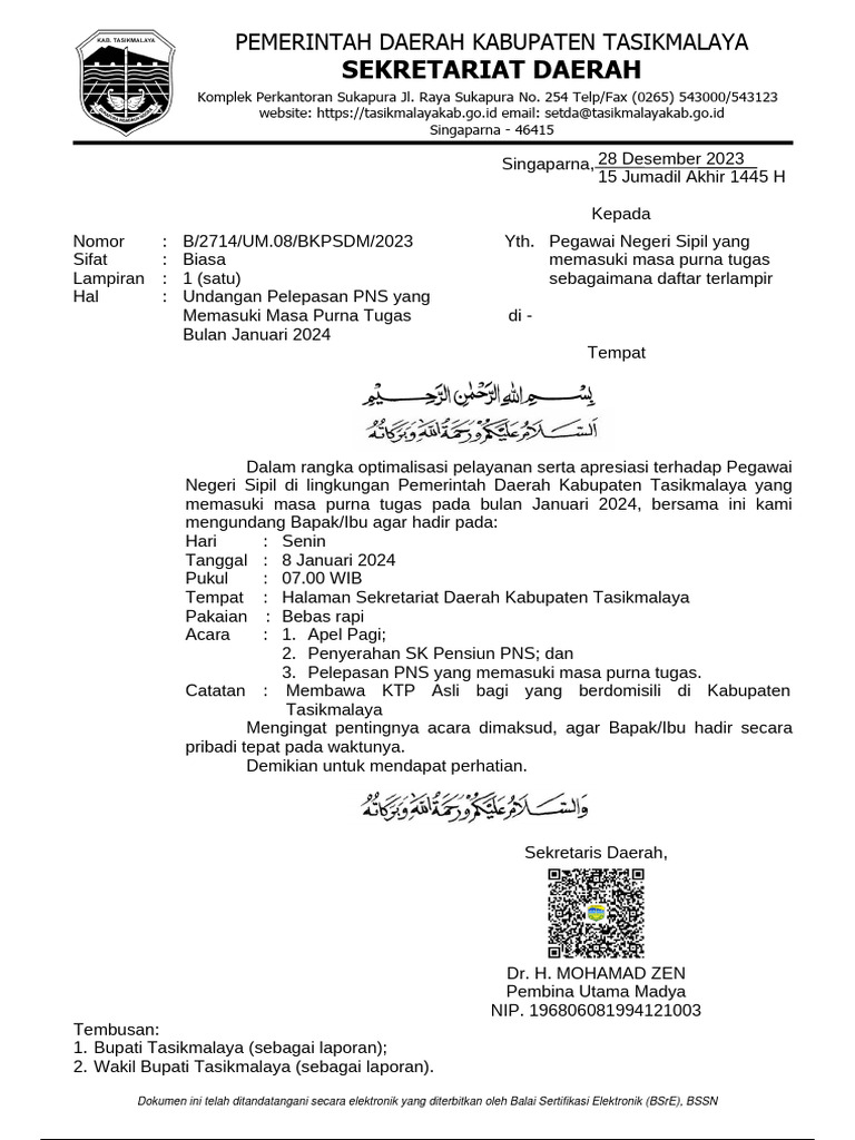 Undangan Pelepasan Pensiun BUP Januari 2024 | PDF