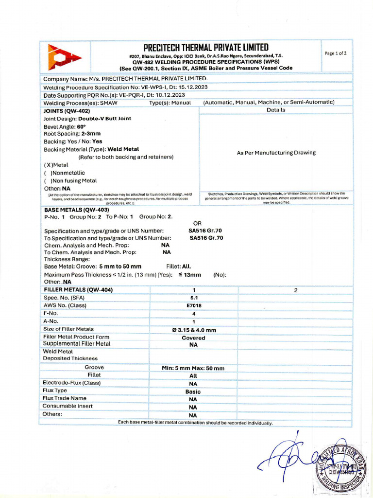 Welding Procedure Specification For SA516 Gr.70 Material | PDF