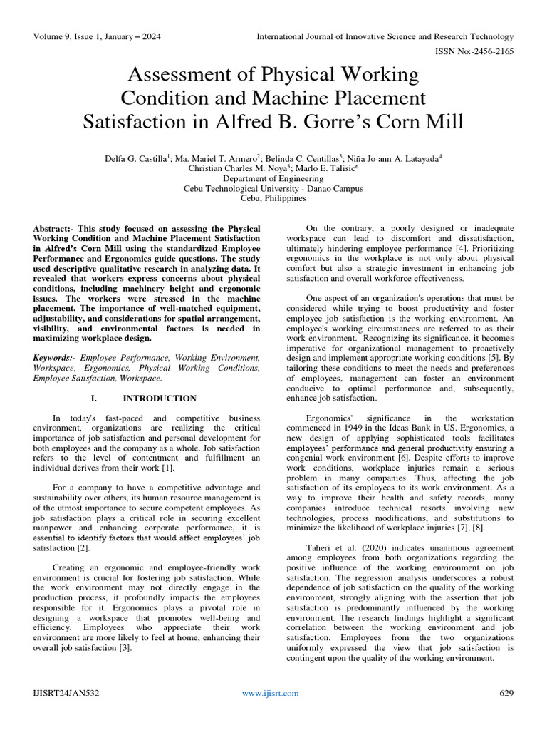 Assessment of Physical Working Condition and Machine Placement ...