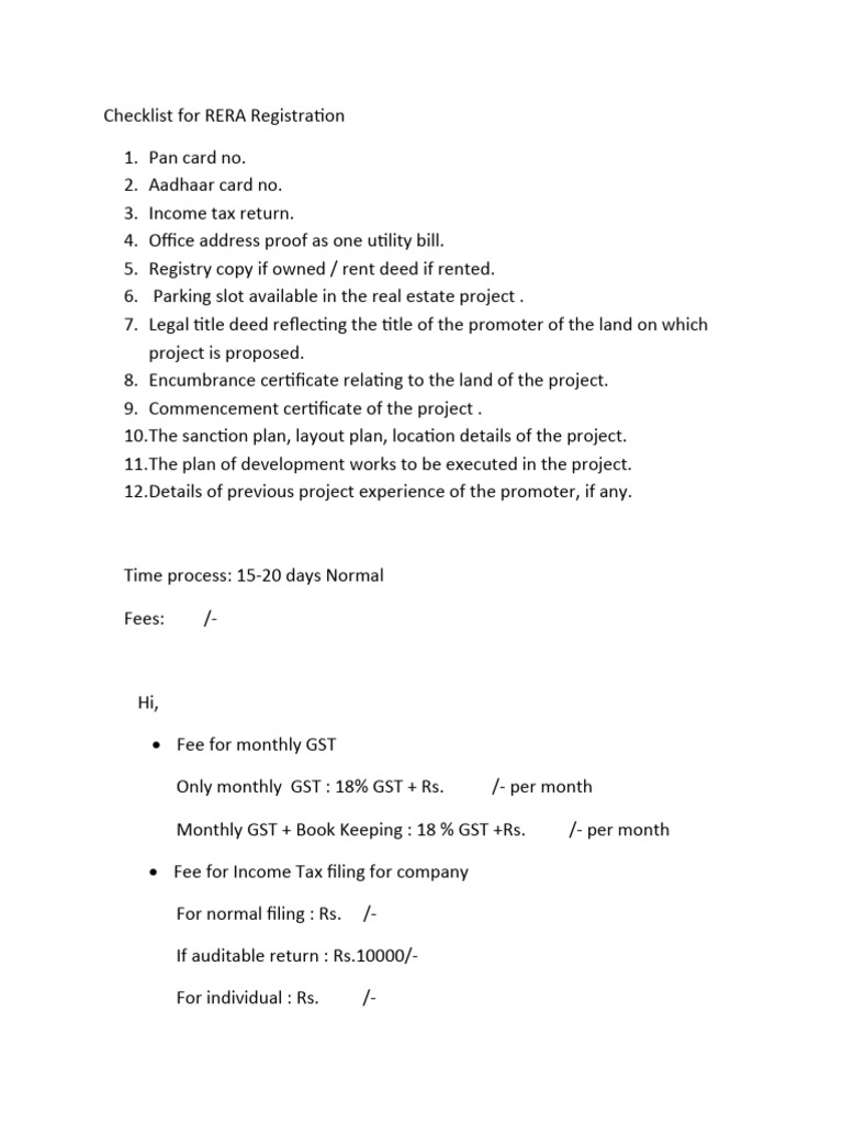 Checklist For RERA Registration | PDF | Finance & Money Management | Law