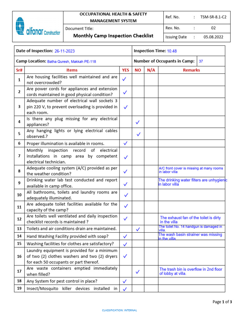 Camp Inspection Report - November - 2023 | Download Free PDF | Kitchen ...