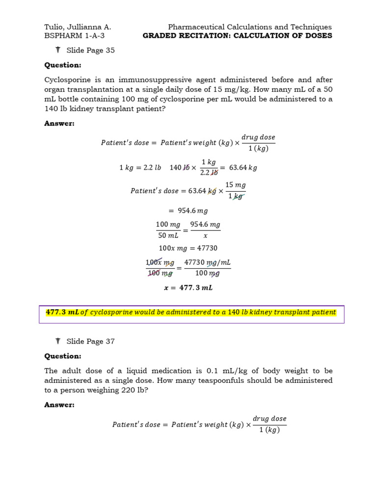 Pharmacy Dose Calculations Guide | PDF