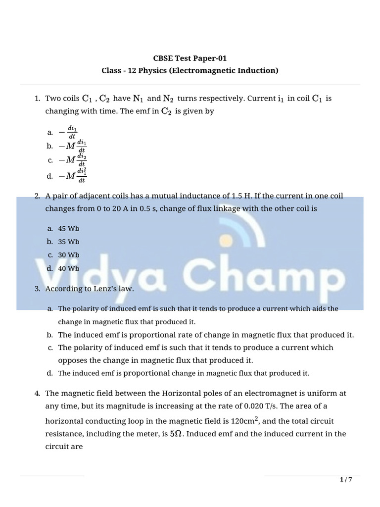 CBSE Test Paper-01 Class - 12 Physics (Electromagnetic Induction) | PDF ...