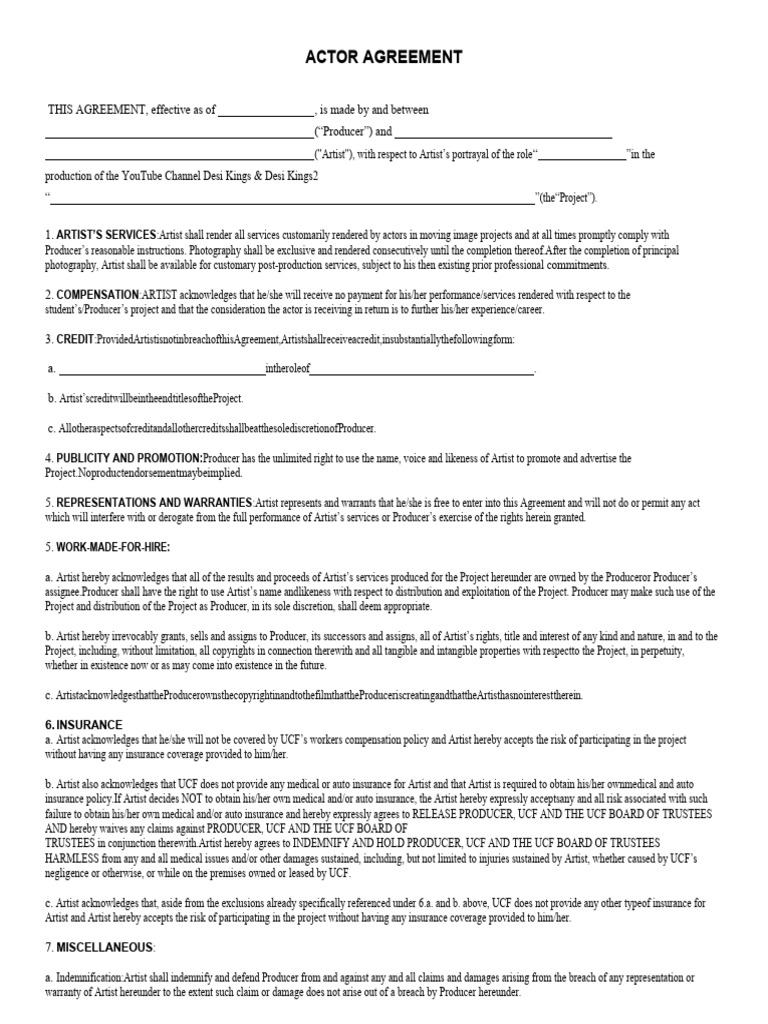 Actor Agreement | PDF | Insurance | Indemnity