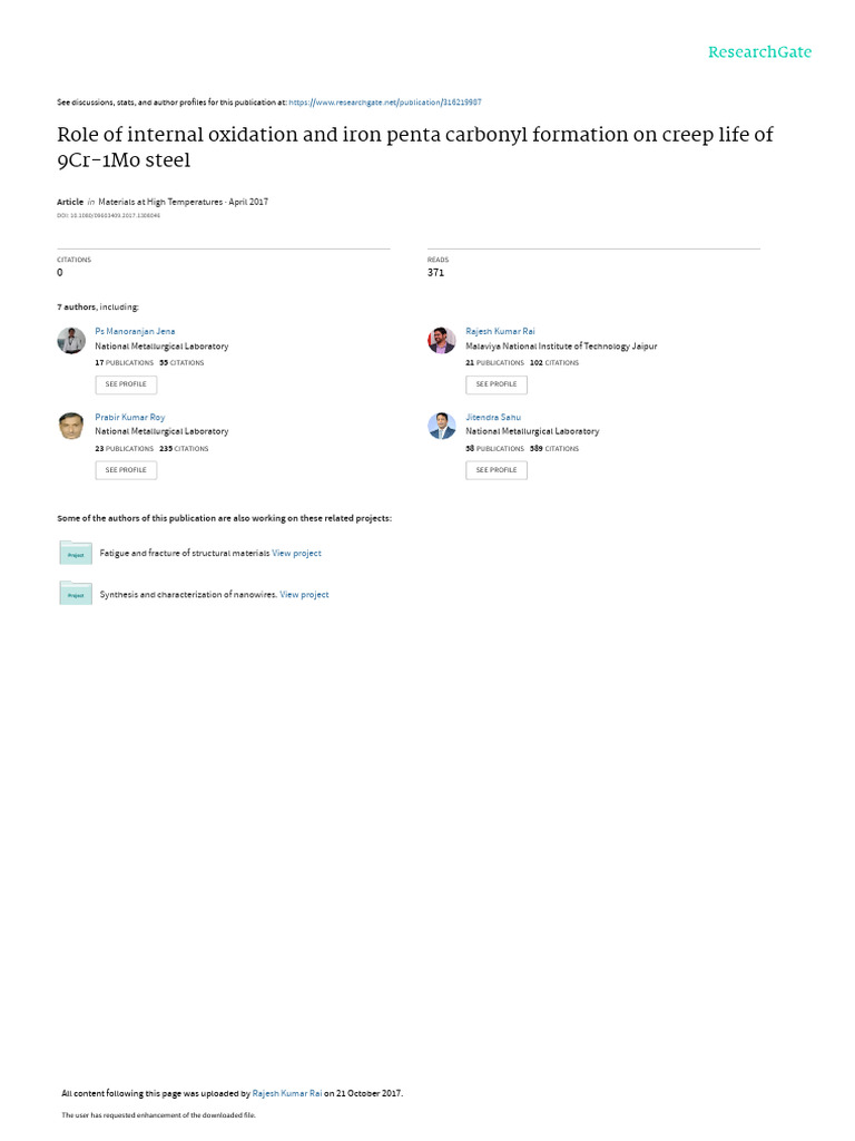 Role of Internal Oxidation and Iron Penta Carbonyl | PDF | Creep ...
