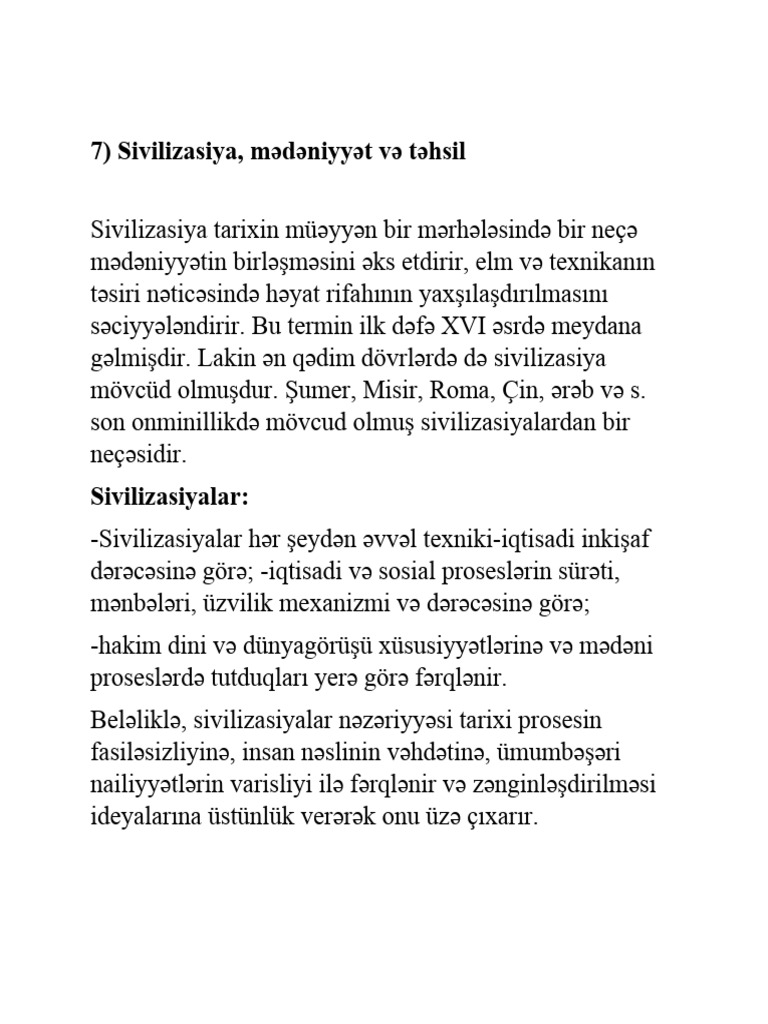 7) Sivilizasiya, Mədəniyyət VƏ Təhsil | PDF