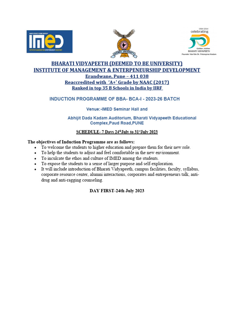 BBA-BCA Induction Schedule 2023-26 | PDF