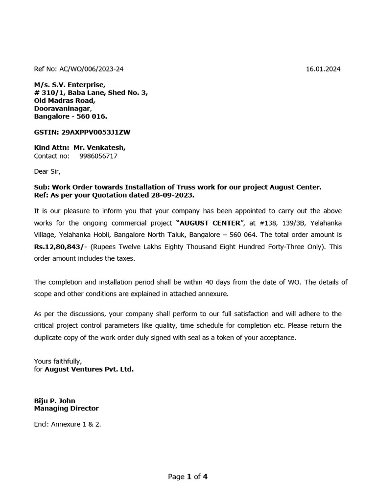 August Center - Draft Work Order For Truss Work 16-01-2024 | PDF