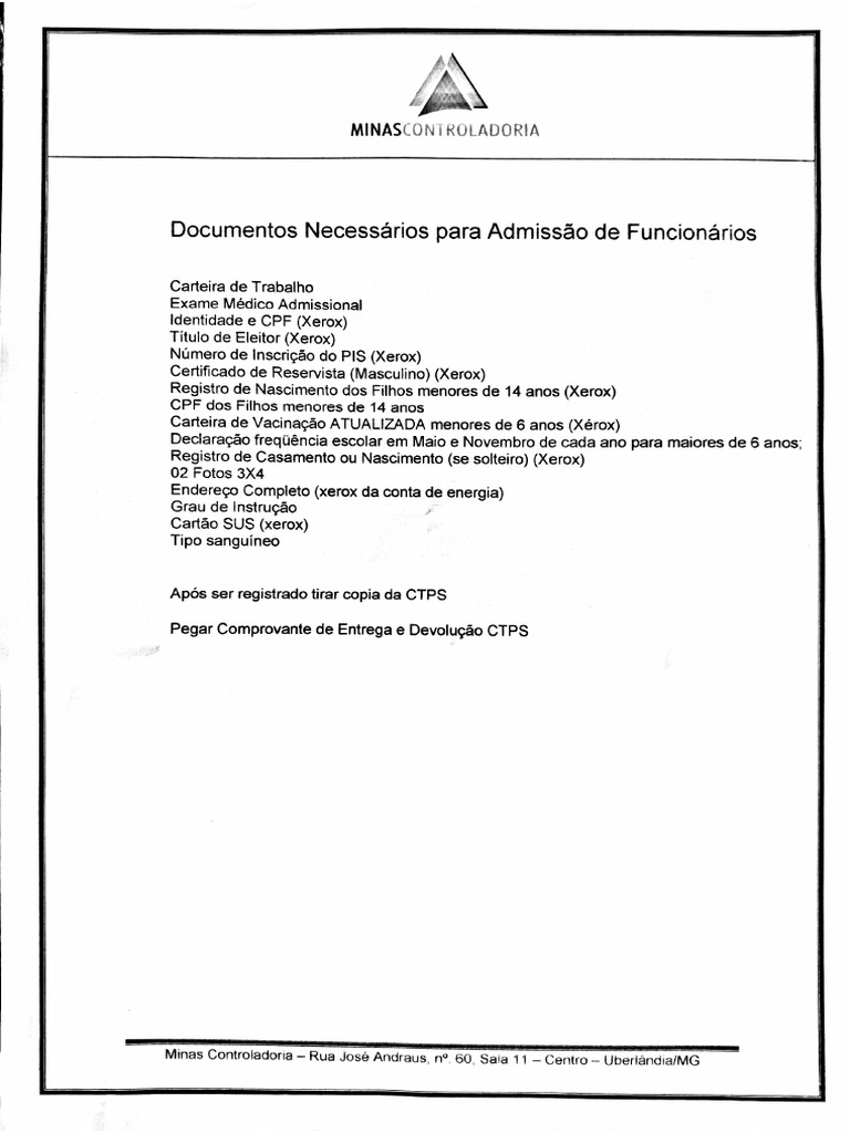Documentos Necessários para Admissão | PDF