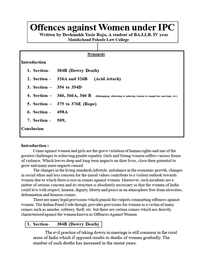 Notes Offences Against Women Under IPC | PDF | Assault | Crimes