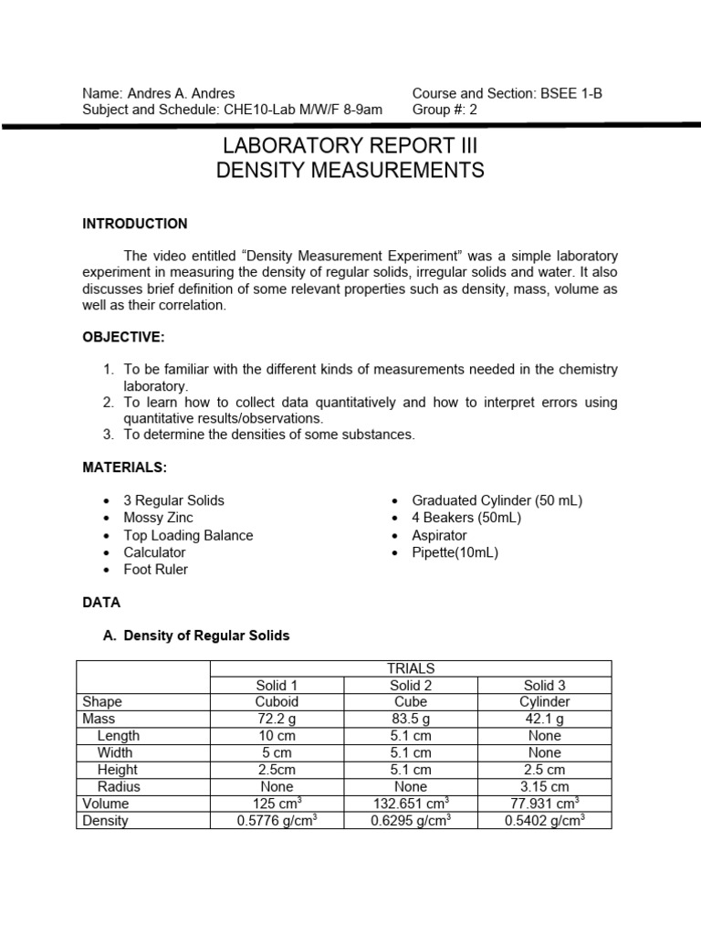 3 Lab Report | PDF | Density | Weight