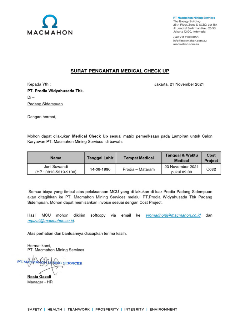 Surat Pengantar MCU - Joni Suwandi 1 | PDF | Medicine | Clinical Medicine