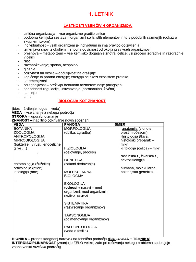 Biologija, 1. Letnik (Gimnazija) | PDF