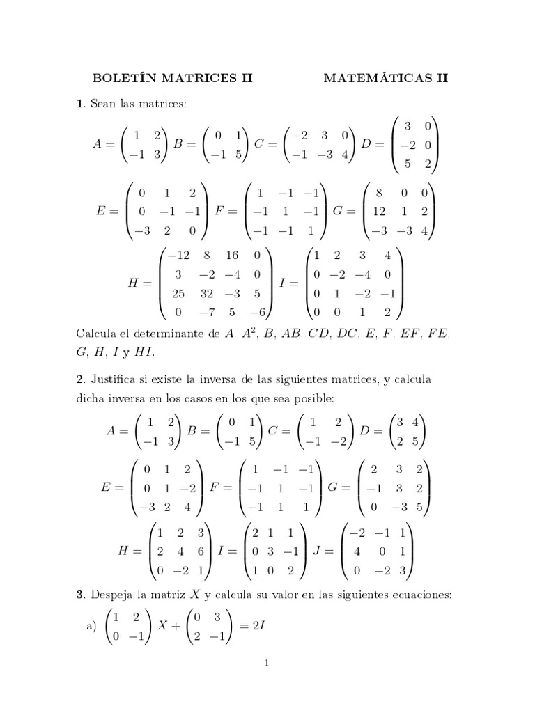 Boletín 2 Matrices | PDF | Matriz (Matemáticas) | Matemáticas