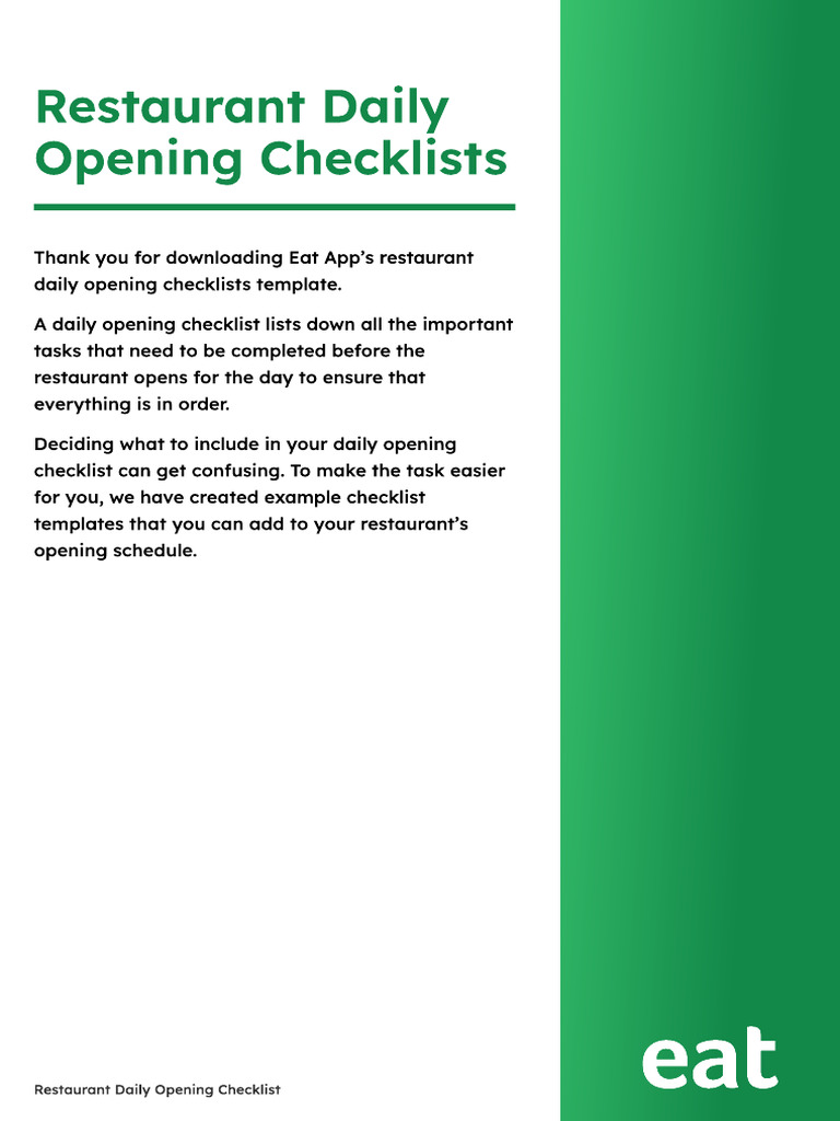 Restaurant Daily Opening Checklists Template - Eat App | PDF
