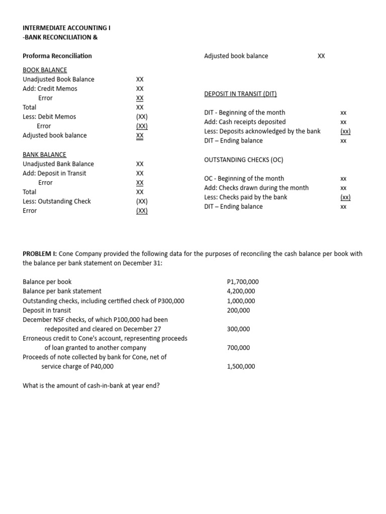 INTERMEDIATE ACCOUNTING I Bank Reconciliation | PDF | Banks | Deposit ...