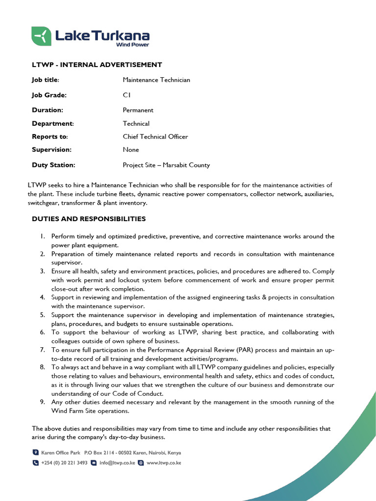 Maintenance Technician Job Opening at LTWP | PDF | Engineering ...