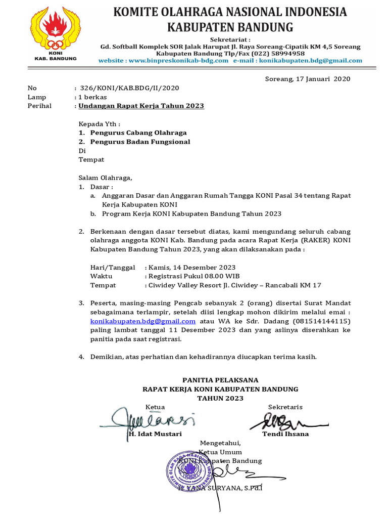 Undangan Rapat Kerja KONI 2023 | PDF