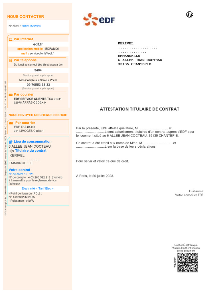 Attestation de contrat EDF 2023 | PDF