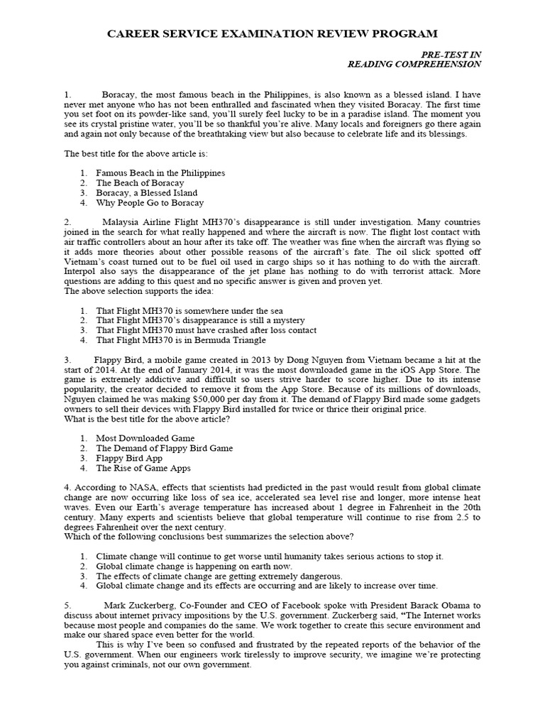 Pre Test Reading Comprehension Pdf