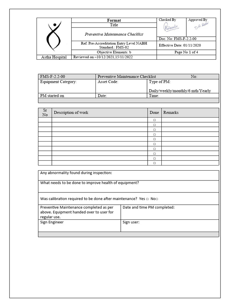 FMS-F-2.2-00 PM Checklist | PDF