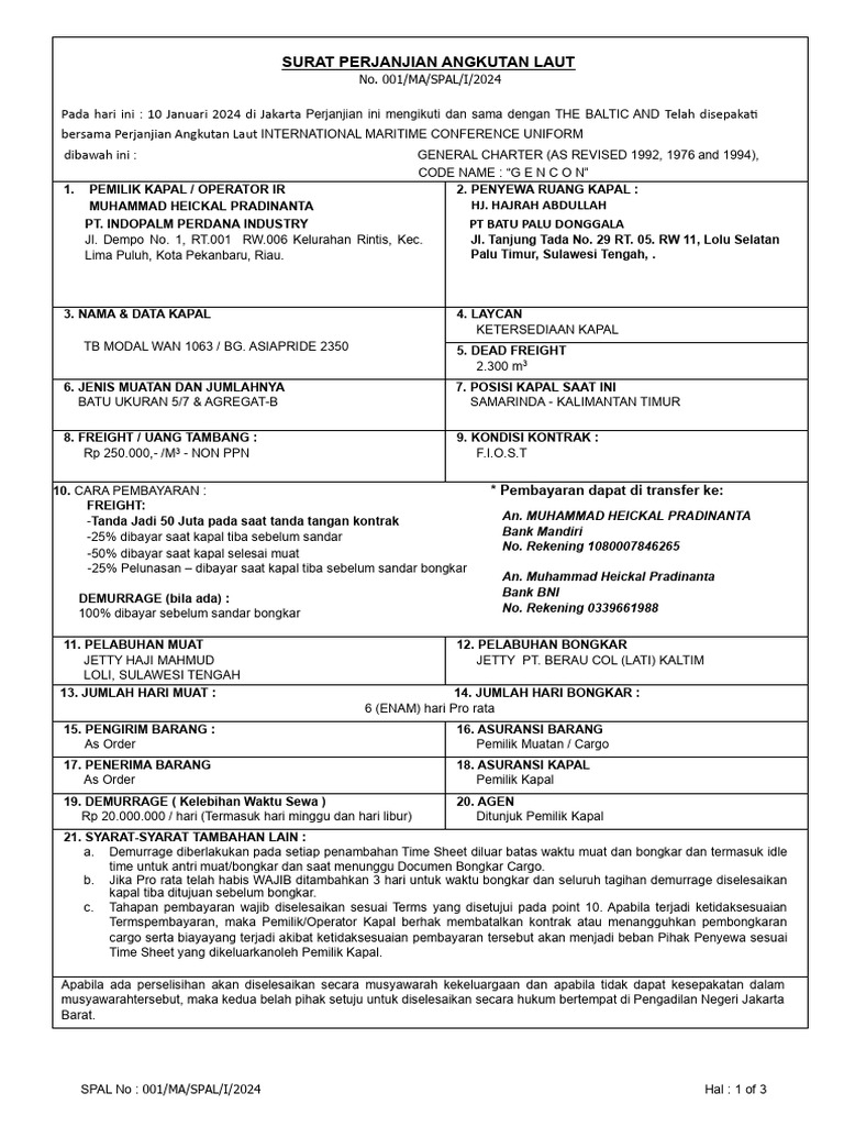 Surat Perjanjian Angkutan Laut | PDF