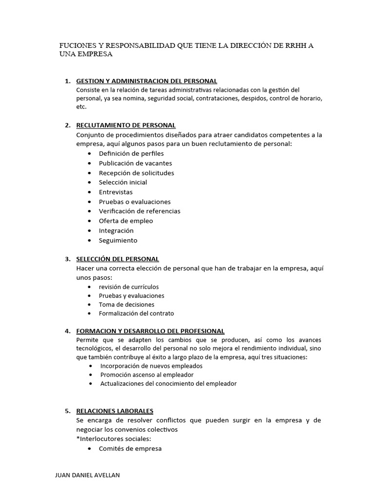 Fuciones y Responsabilidad Que Tiene La Dirección de RRHH A Una Empresa | PDF | Gestión de ...