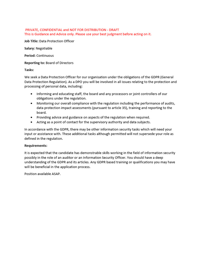 Article 39 - Data Protection Officer Job Listing | PDF