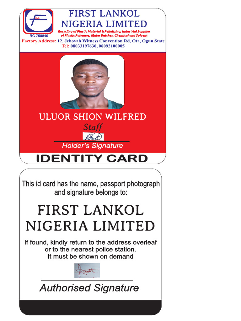 First Lankol Nigeria Limited ID Cards | PDF