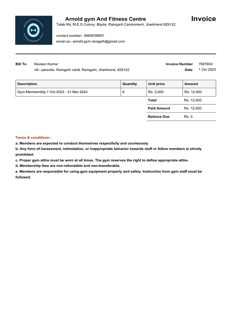Arnold Gym Membership Invoice 2023 | PDF