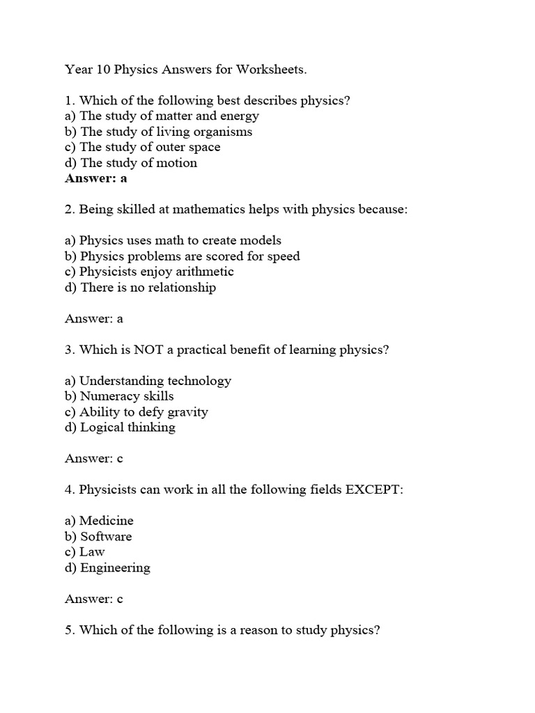 Year 10 Physics Worksheet Answers | PDF | Physics | Science