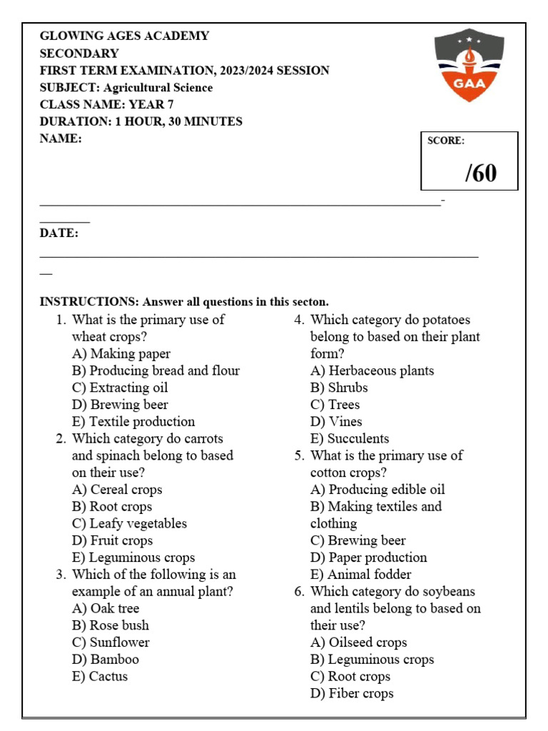 Agric Science Year 7 Term 1 Examination | Download Free PDF | Crops | Foods
