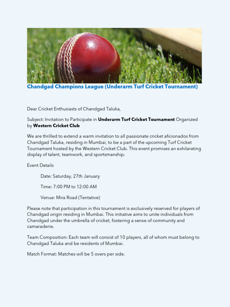 Chandgad Champions League (Underarm Turf Cricket Tournament) | PDF | Cricket | Tournament