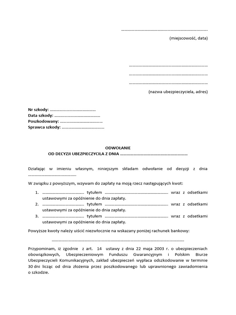 Wzór Odwołania Od Decyzji Ubezpieczyciela | PDF
