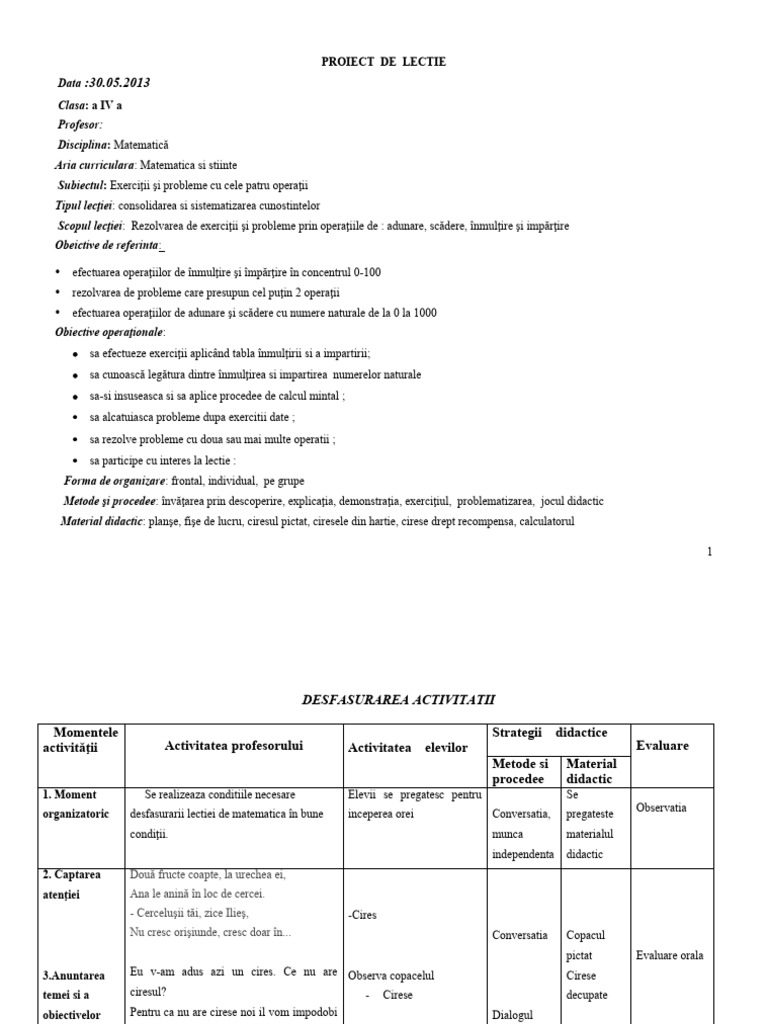 Proiect de Lectie Cls. A IV A | PDF