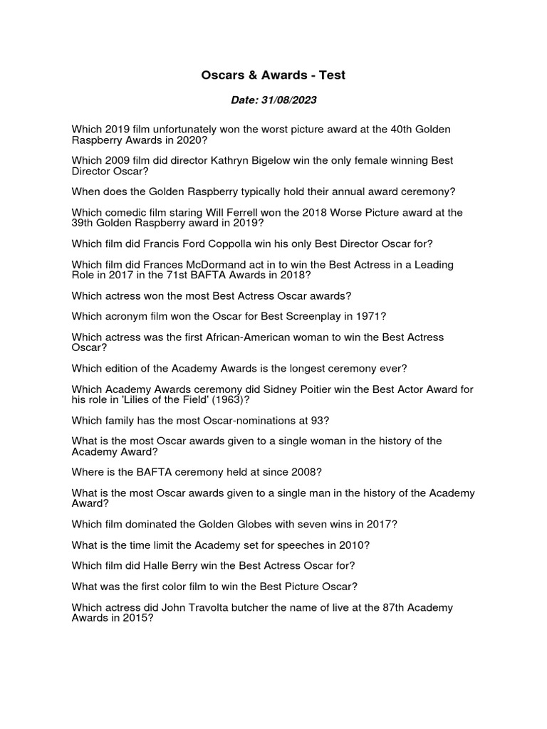 Oscars & Awards Test 96 | PDF