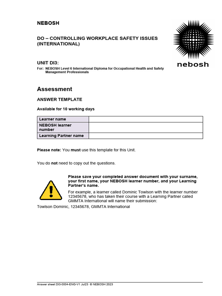 NEBOSH DI3 Safety Assessment Template | PDF | Occupational Safety And ...
