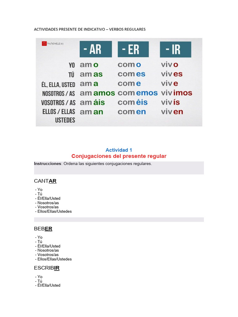 Actividades Presente de Indicativo Regulares | PDF | Artes del Lenguaje ...