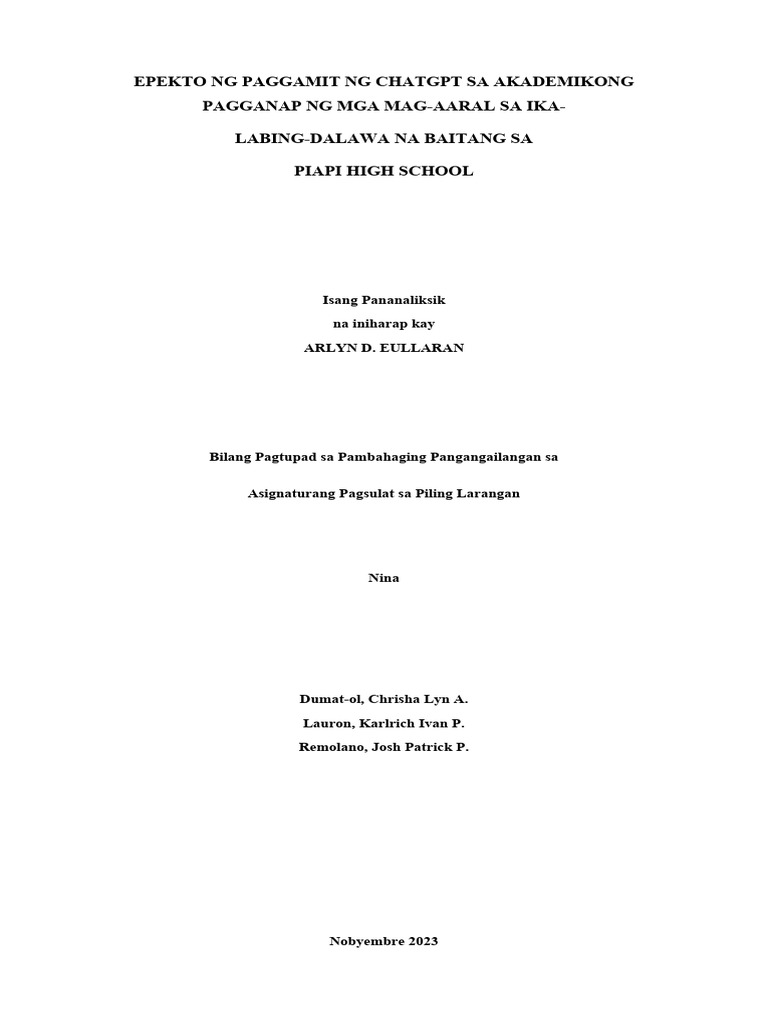 Epekto NG Paggamit NG Chatgpt Sa Akademikong Pagganap NG Mga Mag | PDF Epekto NG Paggamit NG Chatgpt Sa Akademikong Pagganap NG Mga Mag | PDF
