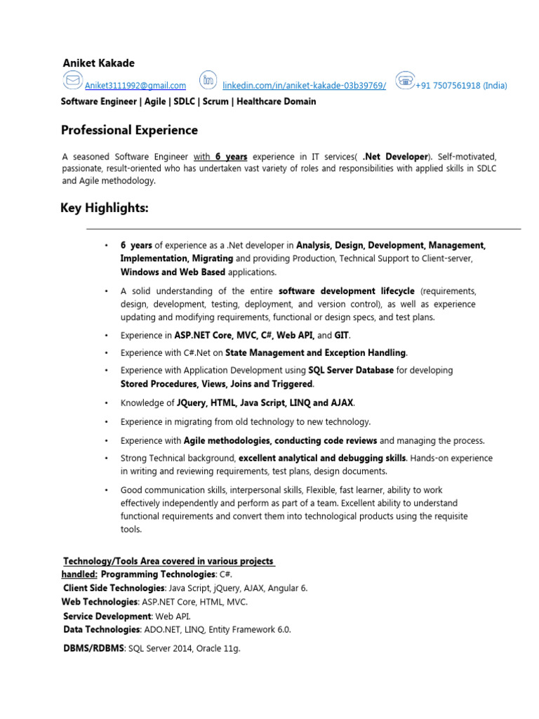 Resume Aniket Kakade DotNet Developer1 | PDF | Language Integrated Query | J Query