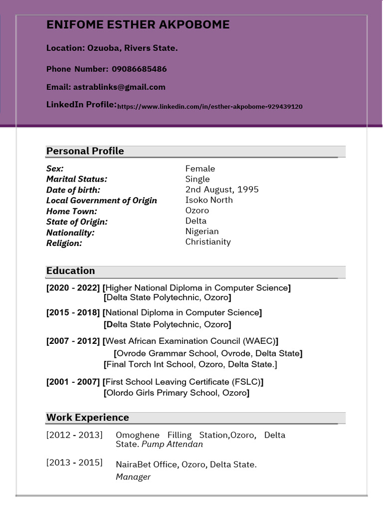 Esther Akpobome's Educational Profile | PDF | Career & Growth | Business