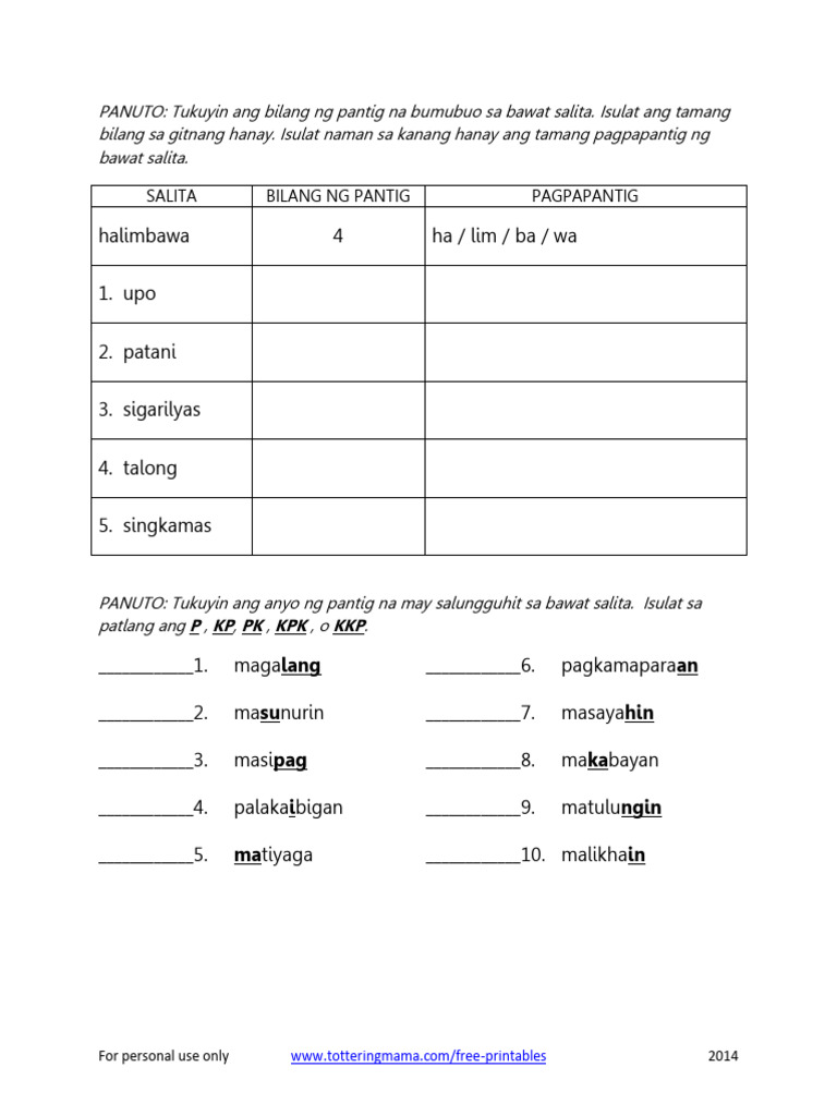 Pagpapantig Set B | PDF