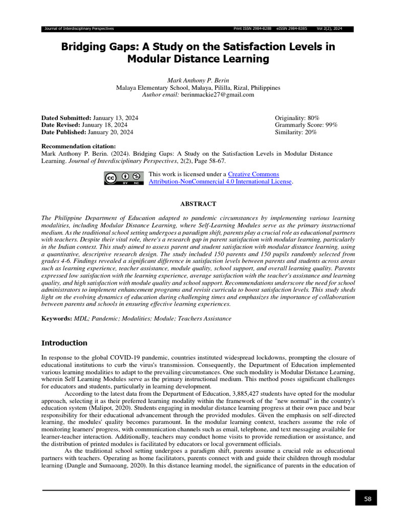 Bridging Gaps: A Study on the Satisfaction Levels in Modular Distance Learning | PDF | Learning ...