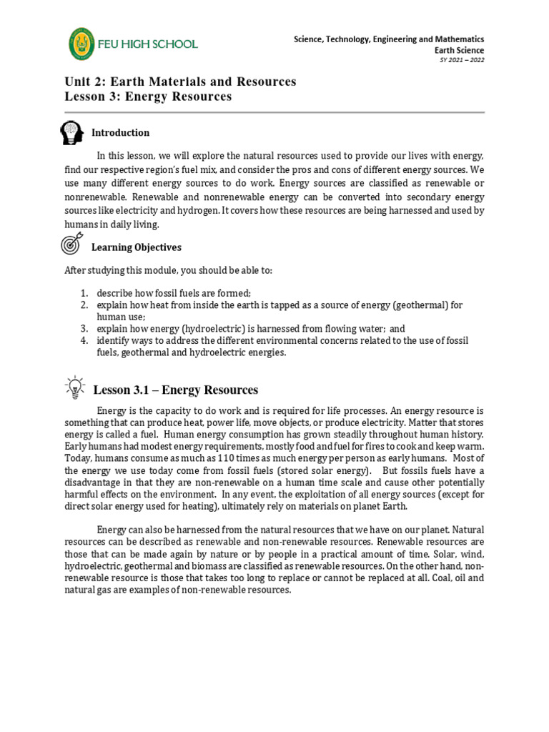Es Study Guide - Lesson5-Energy Resources | PDF | Coal | Geothermal Energy