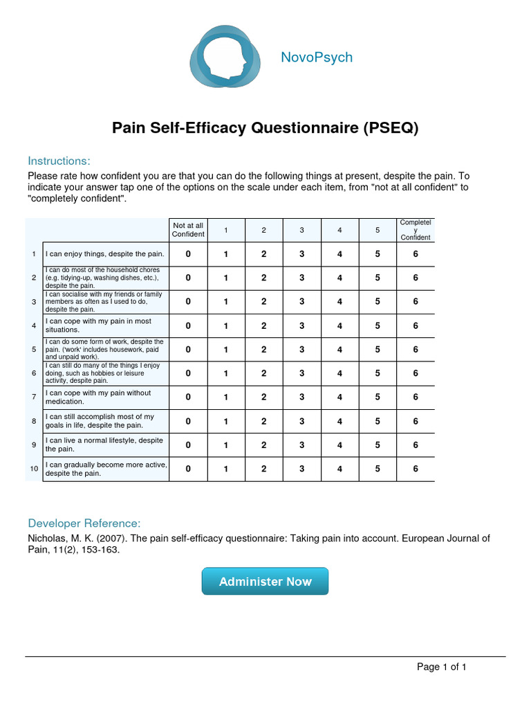 Pain Self Efficacy Questionnaire 1 9 | PDF | Self Efficacy | Psychology