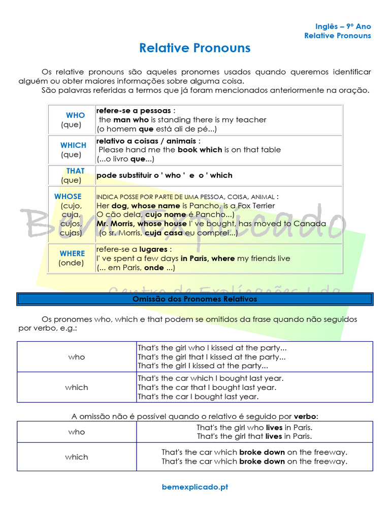 3.8 - Ficha Informativa - Relative Pronouns | PDF | Linguística | Famílias linguísticas